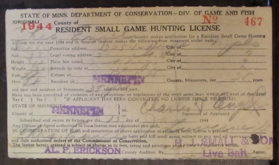 RW11 - 1944 Federal Duck Stamp on Minnesota Hunting License - Small ...