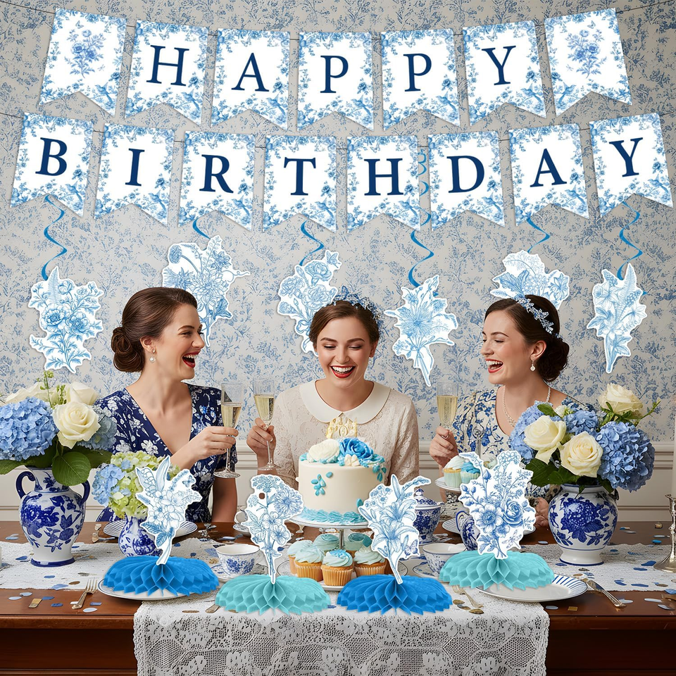 Blue Flower Birthday Decorations, Wildflower Floral Happy Birthday ...