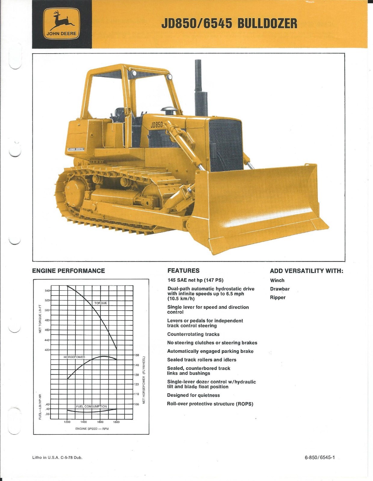 Equipment Brochure - John Deere - JD 850 6545 - Bulldozer - c1978 ...