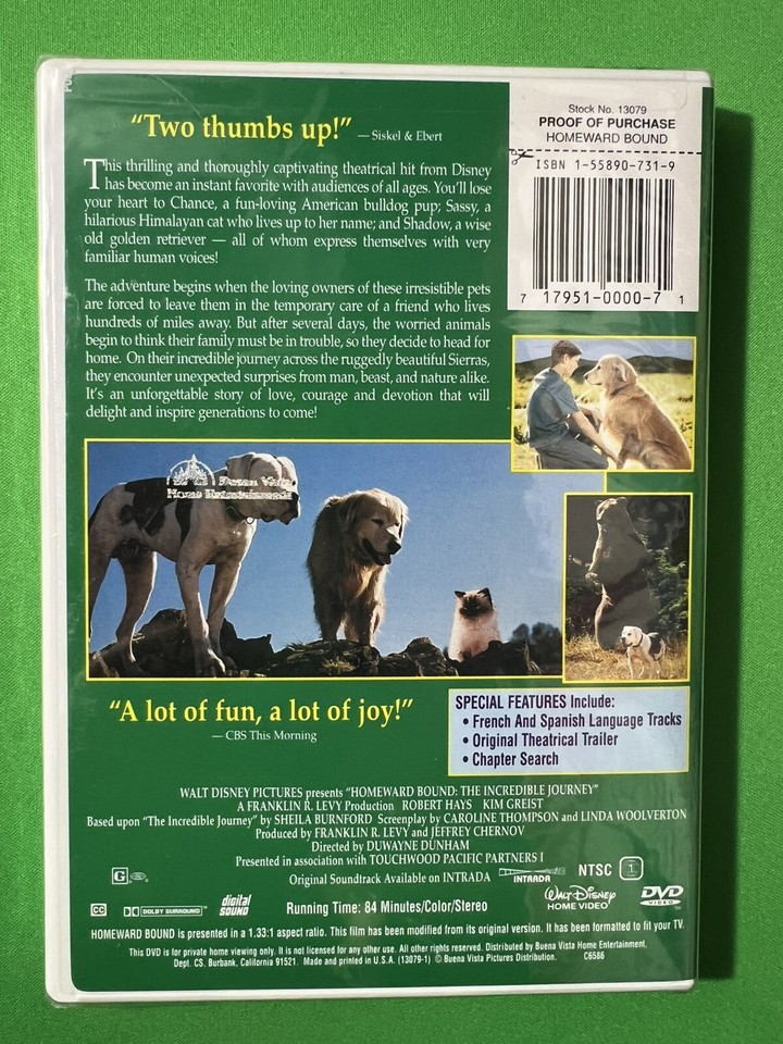 Homeward Bound: The Incredible Journey DVD Disney - New & Sealed ...
