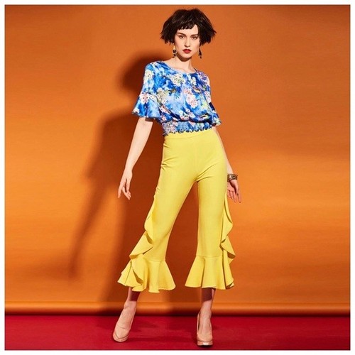 Bold Yellow Flared Ruffle High Waist Stretch Capri Crop Pants H25 | eBay