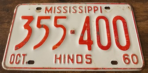 Vintage 1960 Mississippi License Plate 355-400 Hinds County Jackson ...