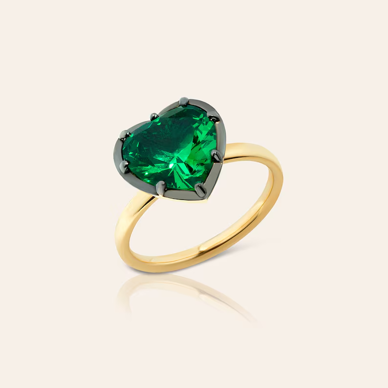 14K Solid Gold Heart Solitaire Ring, 14K Gold Emerald Gemstone Ring, Genuine Nat | eBay