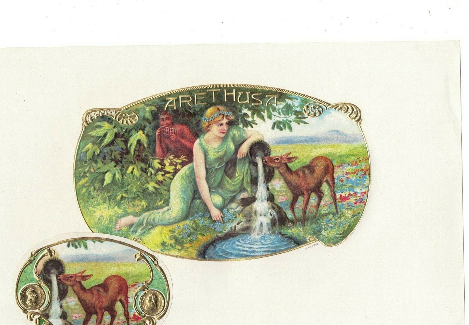 PA4582 CIGARBOX LABELS SET OF 3 ARETHUSA GOLD EMBOSSED NYMPH AND SATYR ...