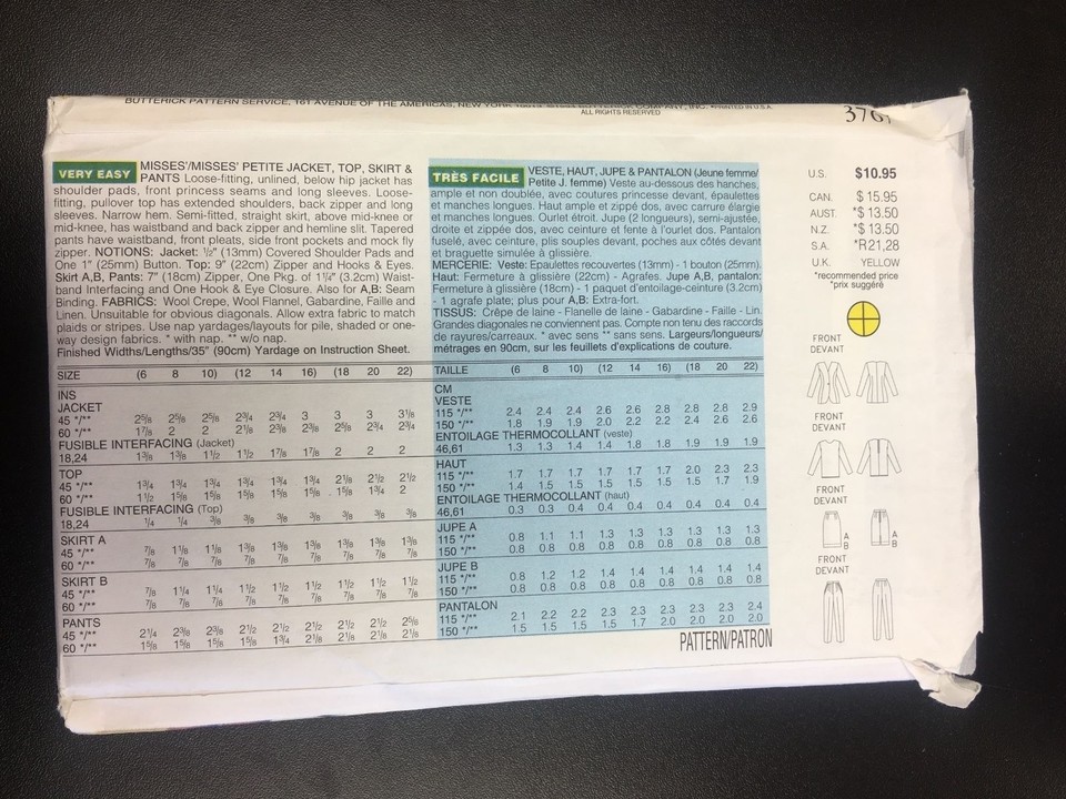 Butterick #3767 Misses'/Petite Jacket, Top, Skirt & Pants - Sizes 6-8 ...