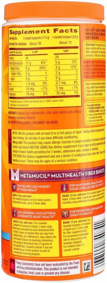 (2PK) Metamucil Psyllium Fiber Powder, SF Orange Smooth 15 Oz ...