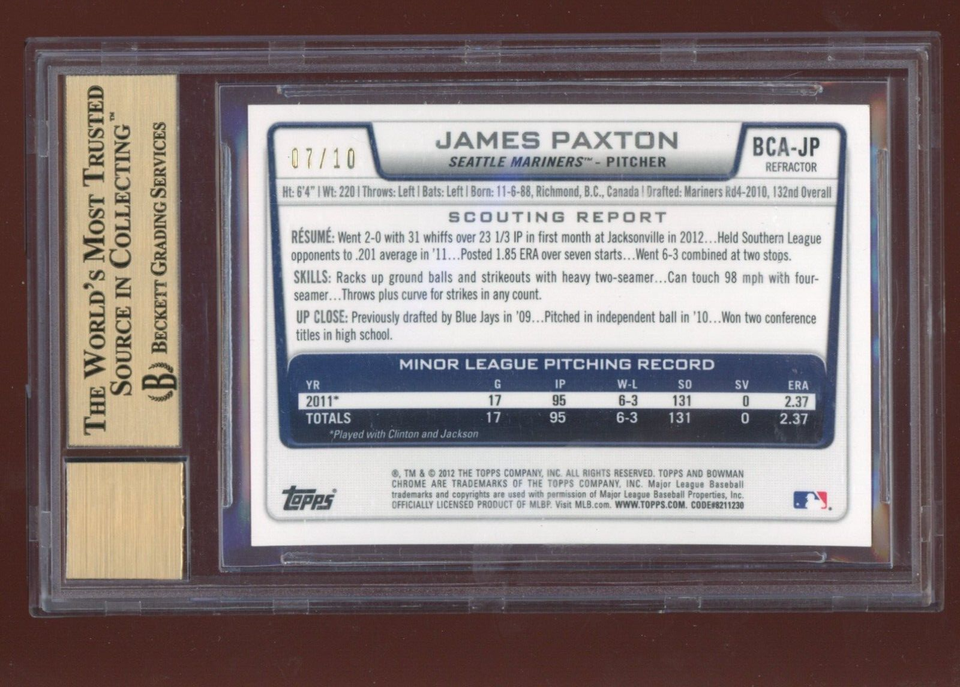 James Paxton 2012 Bowman Chrome Auto Rookie Purple Serial #d 7/10 BGS 9 ...