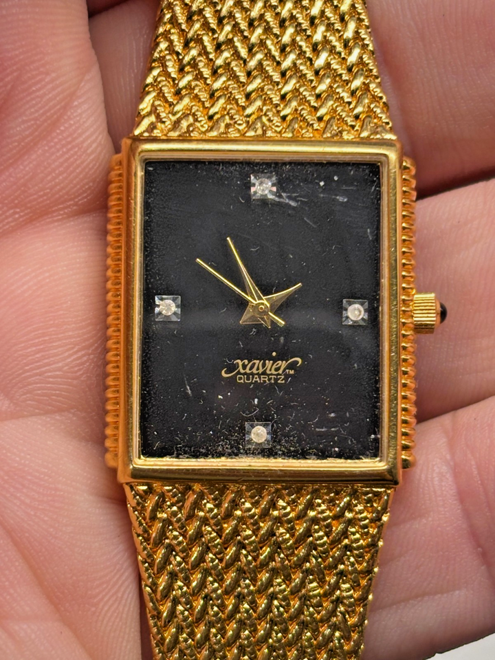 Vtg 26mm XAVIER Quartz Diamond MENS TANK WATCH Thin Mesh NEW BATT Works ...
