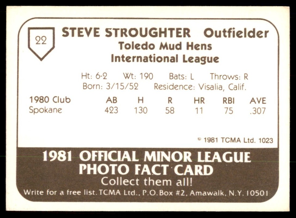1981 TCMA Minor League Steve Stroughter (A) Toledo Mud Hens #22 | eBay