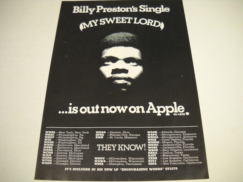 BILLY PRESTON My Sweet Lord ...is out now on APPLE Records 1971 Promo ...