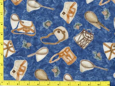 Wilderness Fishing Catch Nets Creels Pine Cones on Blue By The Yard ...