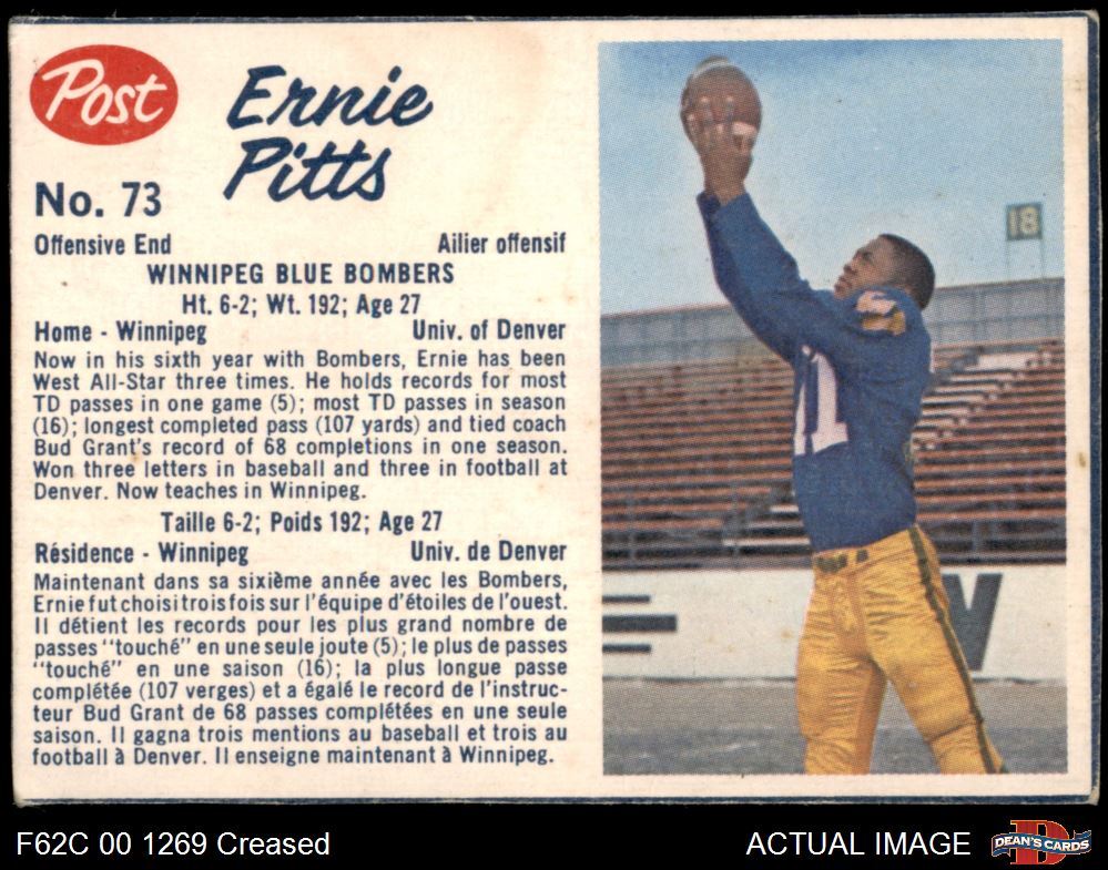 1962 Post Cereal CFL #73 Ernie Pitts Blue Bombers CFL HOF 3 - VG | eBay