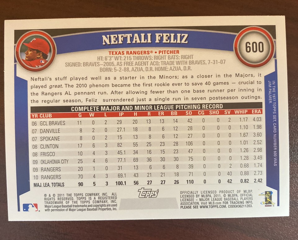 2011 Topps Diamond Anniversary #600 Neftali Feliz Texas Rangers | eBay