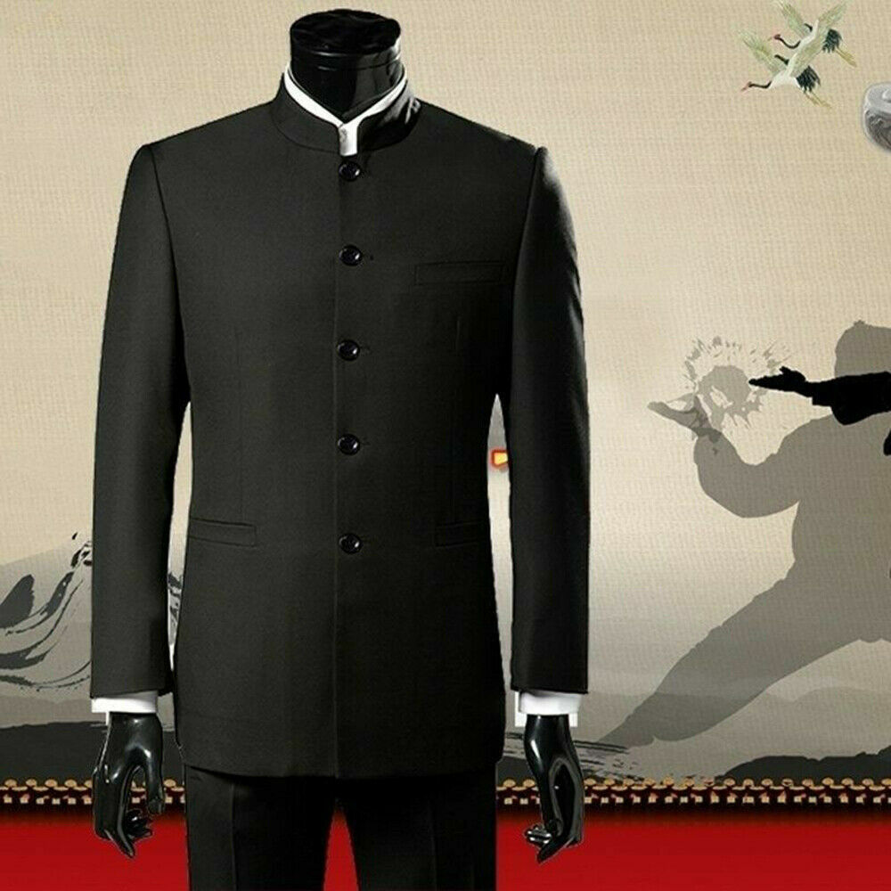 Mens Single-Breasted Jacket Suit Chinese Zhongshan Coat Mandarin Collar ...
