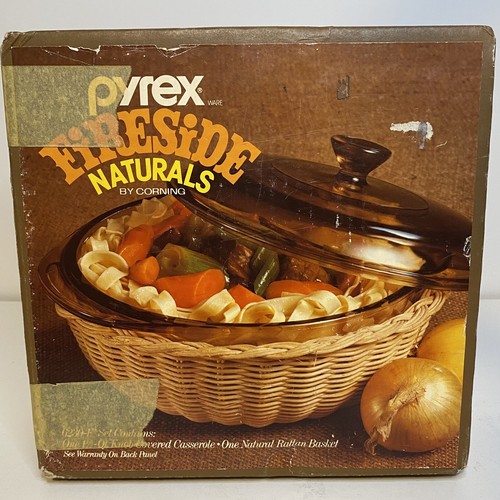 Vintage PYREX Fireside 1.5 Qt Covered Casserole Dish in Basket Holder ...