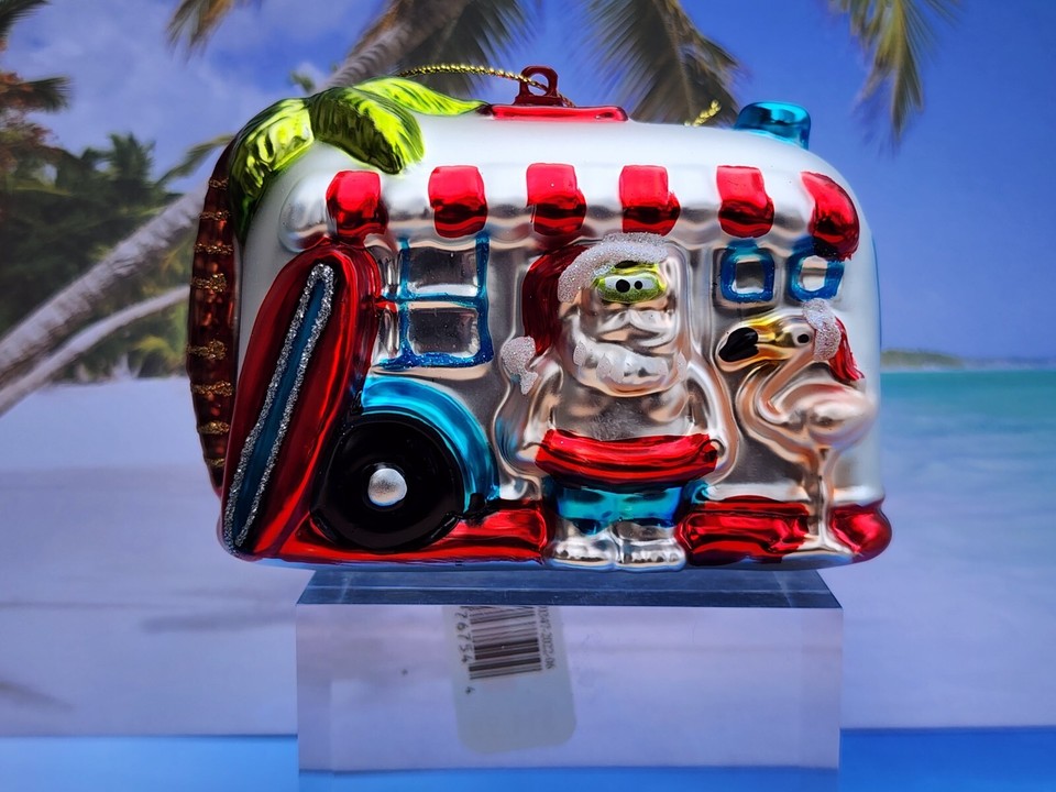 New Blown Glass Tropical BEACH Santa trailer flamingo Christmas ...