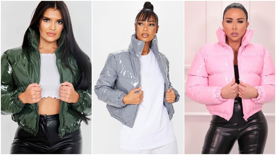 Women Shiny Wet Look Vinyl Thick Puffer Padded Quilted Cropped Short ...