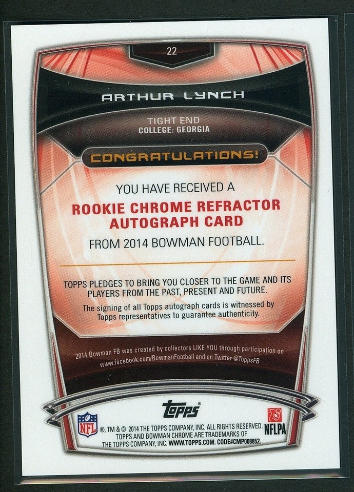 2014 Bowman Chrome ARTHUR LYNCH Auto Red /25 Rookie Card 22 RC ...