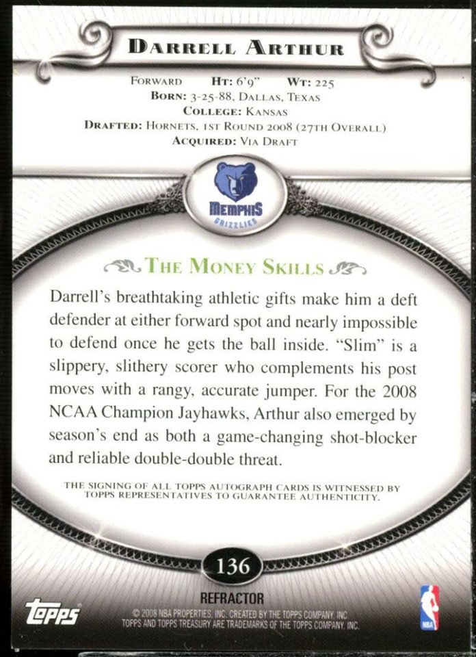 Darrell Arthur Rookie Card 2008-09 Topps Treasury Rookie Autographs ...