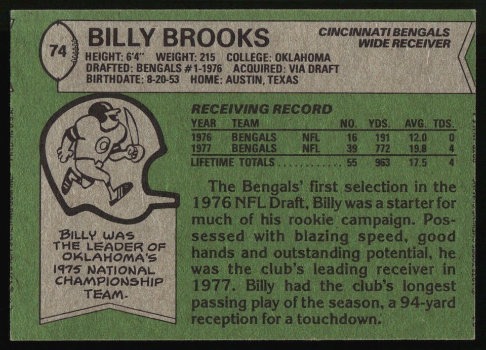 1978 Topps Billy Brooks Rookie #74 Cincinnati Bengals L2 | eBay