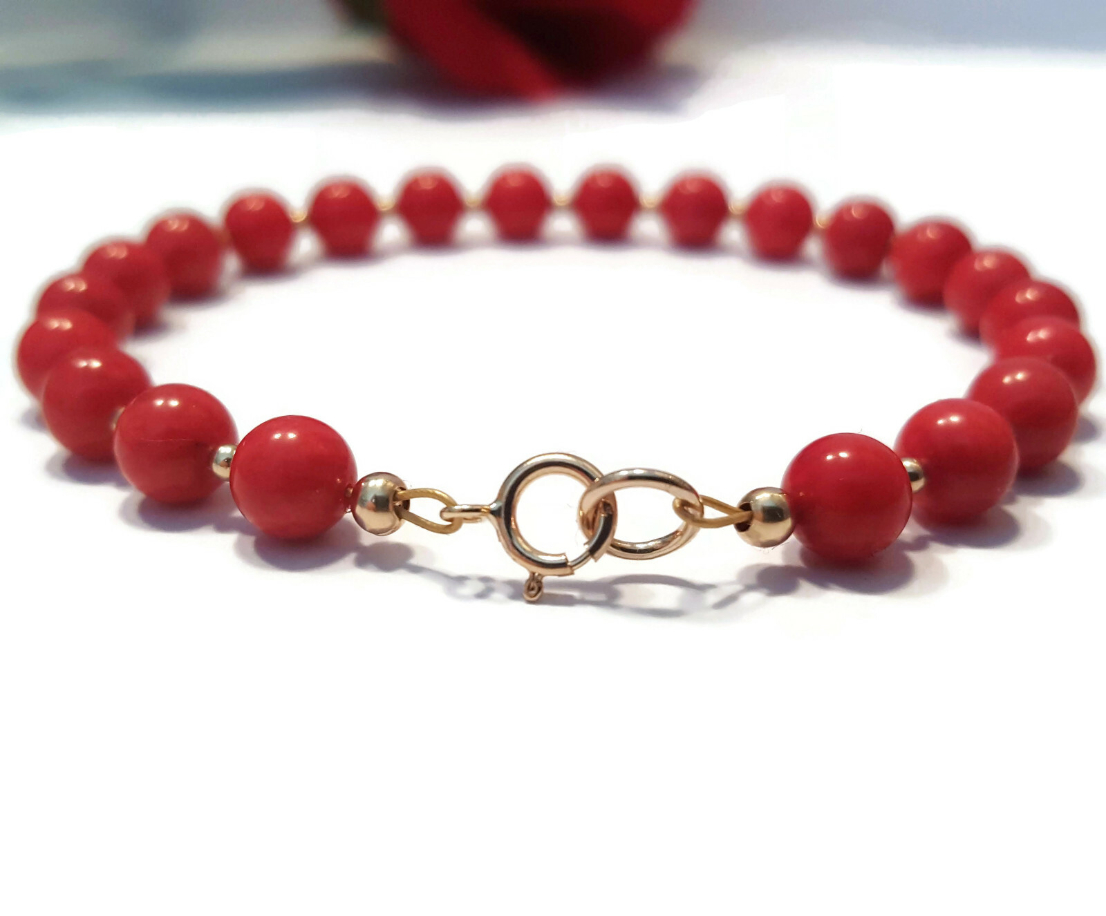9ct Gold Red Coral Bracelet with Gold Beads and Hallmarked Clasp, Gift ...