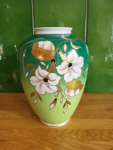 Schaubach Kunst große grüne Vase mit Goldrelief handgemalt | eBay.de