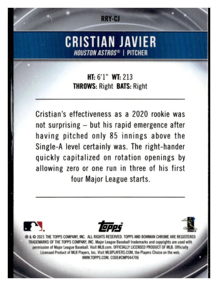 2021 Bowman #RRY-CJ Cristian Javier Rookie of the Year Favorites Mojo ...