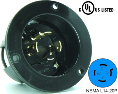 Black L14-20P Flanged Power Inlet Generator Plug 250 Volt Receptacle ...