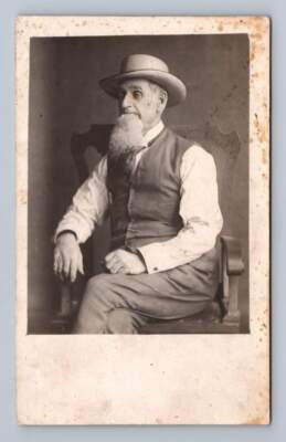 Three-Quarters Profile Old Man w White Beard & Straw Hat RPPC Studio ...