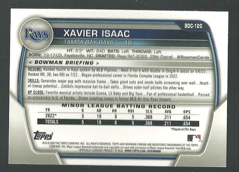 2023 Bowman Draft Xavier Isaac #BDC-120 Chrome Tampa Bay Rays | eBay