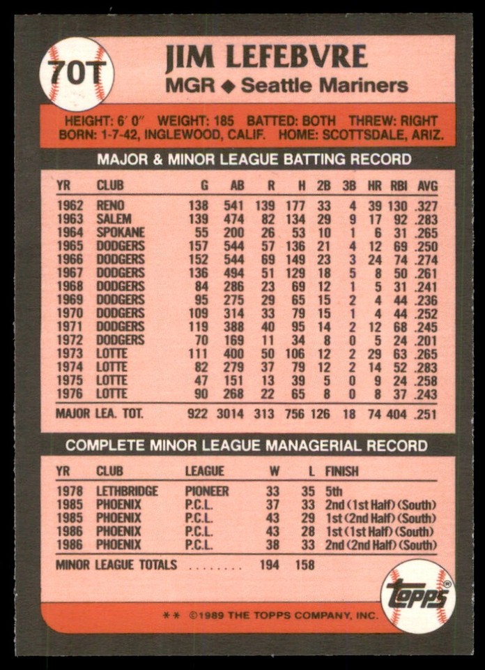 1989 TOPPS TRADED JIM LEFEBVRE SEATTLE MARINERS #70T | eBay