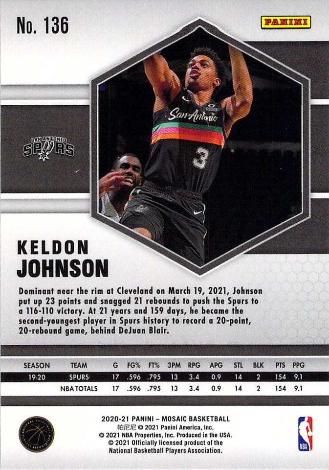 Keldon Johnson 2020-21 Panini Mosaic Basketball Chrome Base Card #136 ...