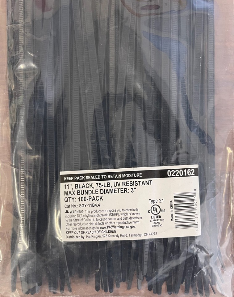 11'' BLK Cable Zip Tie 75-lb UV Resistant MAX BUNDLE DIAMERER 3'' QTY ...