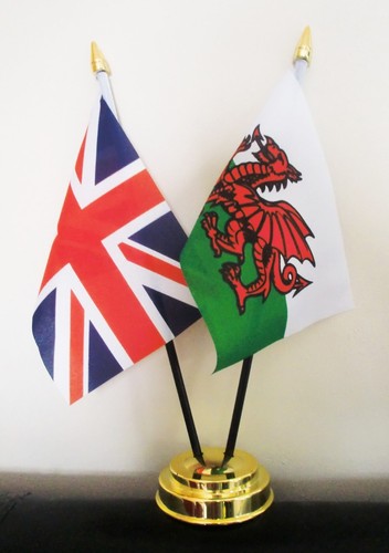 UNION JACK AND WALES TABLE FLAG SET 2 flags plus GOLDEN BASE WELSH | eBay