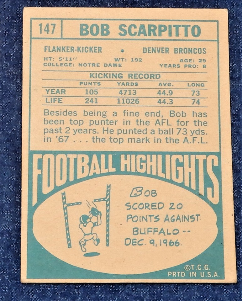 Bob Scarpitto * 1968 Topps Vintage Football #147 🏈 Denver Broncos 🏈 ...