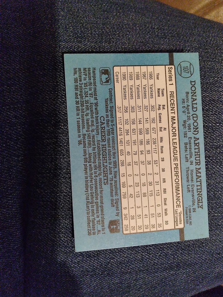 Don Mattingly 1991 Donruss Yankees First Base Card #107 | eBay