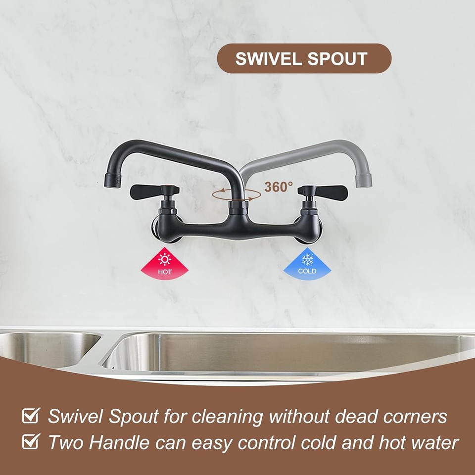 Commercial Kitchen Faucet 8" Center Wall Sink Faucet 2-Handle Mixer ...