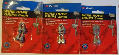 ZENITH BRAND 3mm GALVANISED WIRE ROPE GRIPS - x6 packs Contains 2 per ...