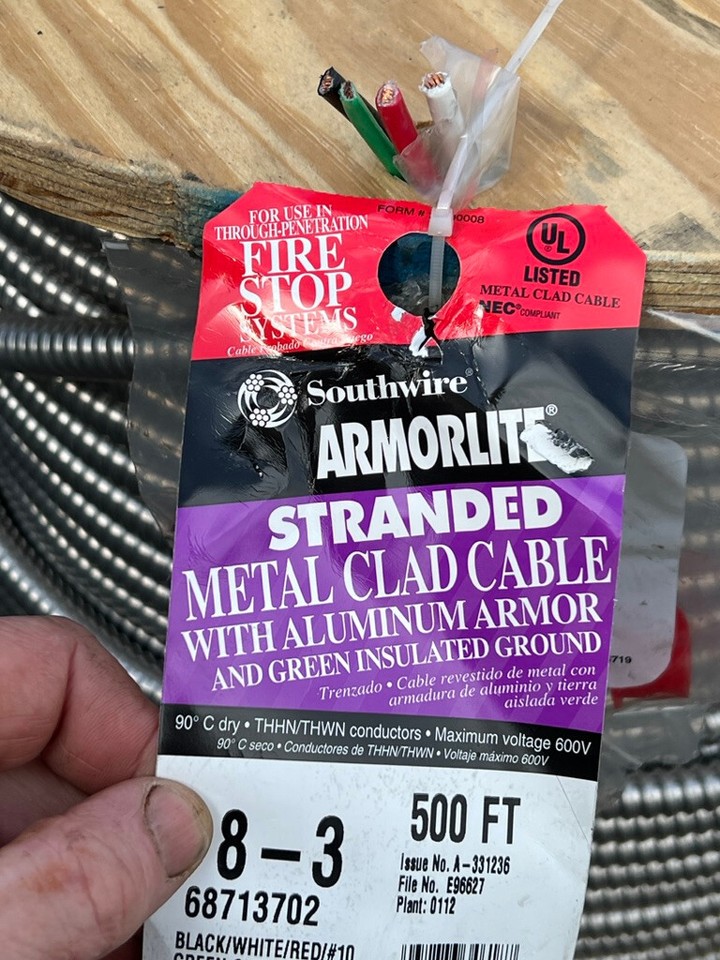 Southwire Armorlite 8/3 wire w/ #10 Ground, Aluminum Clad, Strd ...
