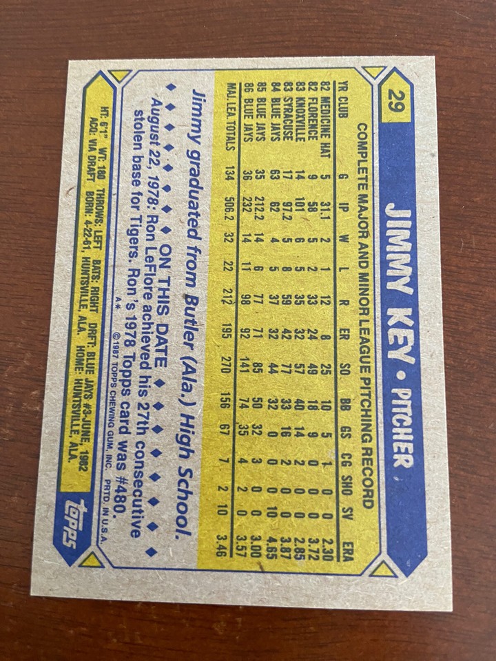 1987 Topps Jimmy Key Autograph Card Toronto Blue Jays | eBay