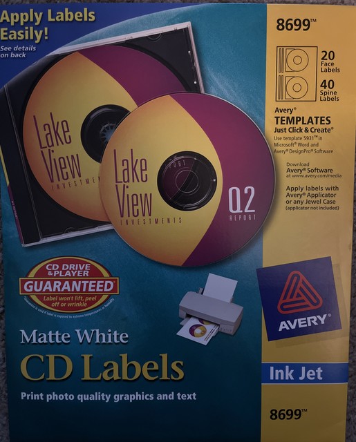 Avery Matte White CD Labels for Inkjet Printers 20 Face 40 Spine 8699 ...