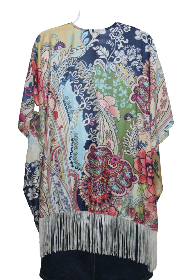 Chicos Small Medium Ella Paisley Fringed Ruana Kimono Boho Colorful ...