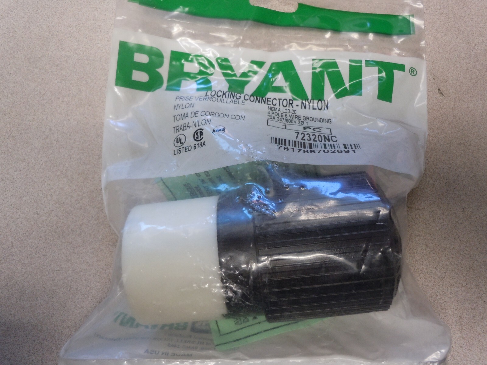 Bryant Locking Connector, 20A 347/600V, L23-20R, B/W (72320NC) | eBay