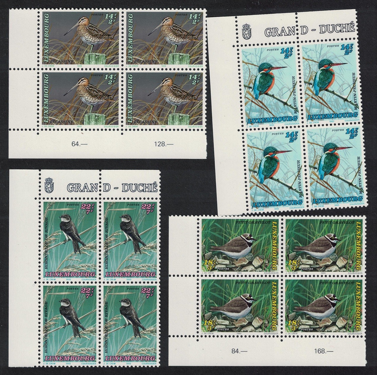 Luxembourg Birds Snipe Kingfisher Plover Martin 4v Corner Blocks of 4 ...