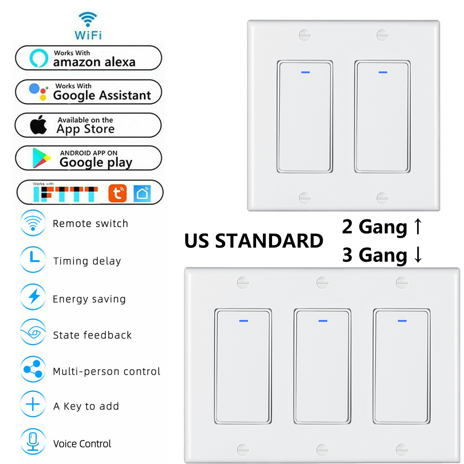 2/3 Gang Smart Light Switch Wifi Wall Touch Alexa Google Home Control ...