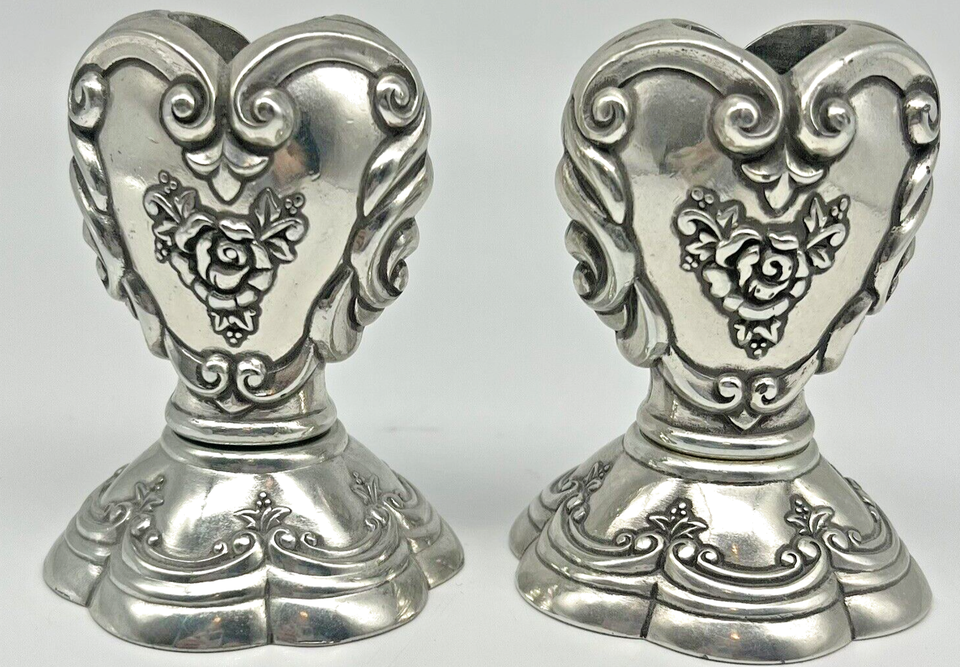 2 Brighton Taper Candle Stick Holders "Primrose" Heart Shaped w/Roses 3 ...