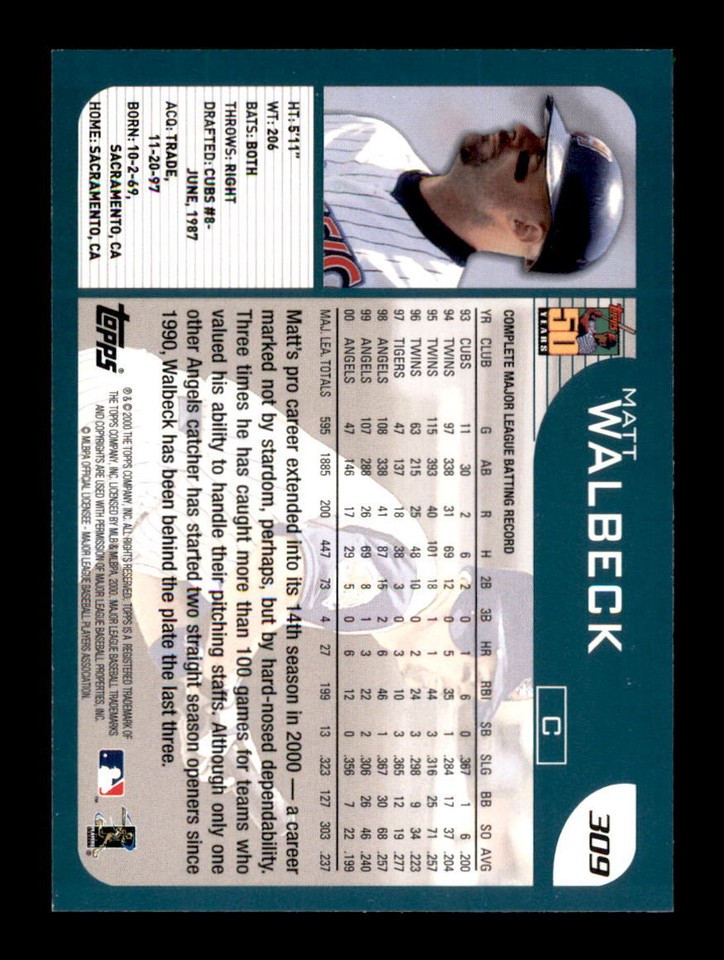 2001 Baseball Topps Matt Walbeck Anaheim Angels #309 | eBay
