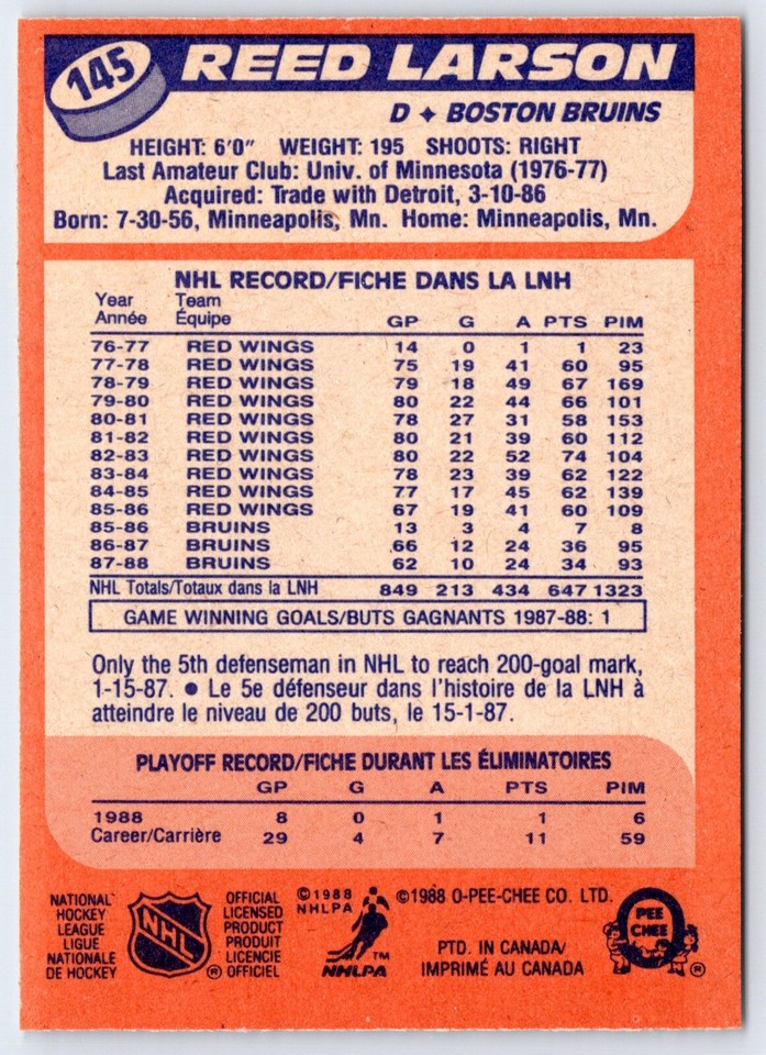 REED LARSON 1988-89 O-PEE-CHEE 88-89 NO 145 NRMINT+ 40976 | eBay