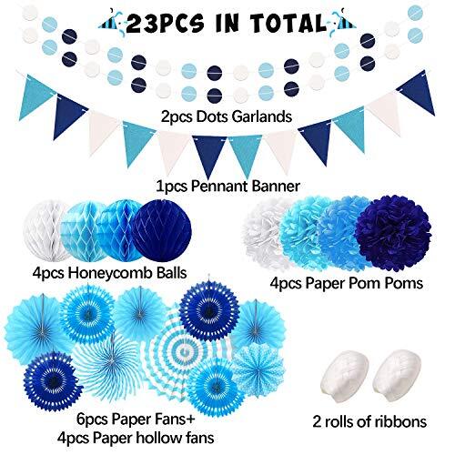 Navy Blue Party Decoration,23Pcs Hanging Paper Fans,Pom Poms Flowers ...