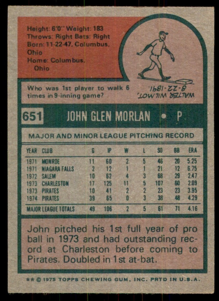 1975 TOPPS JOHN MORLAN RC PITTSBURGH PIRATES #651 NICE! SHARP! | eBay